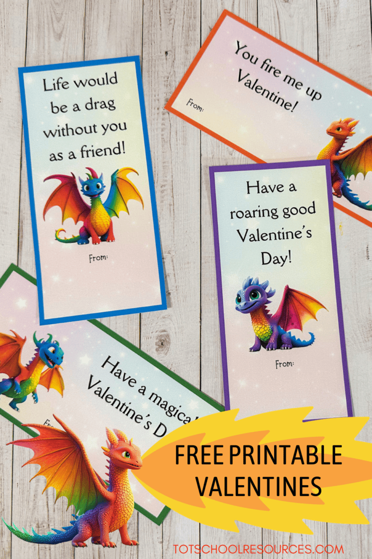 Printable Rainbow Dragon Valentines {for kids} - totschoolresources.com